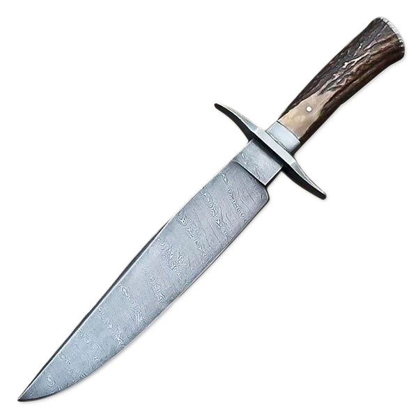15” Handmade Damascus Steel Rat-Tail Bowie Knife Stag Antler Handle Wi ...